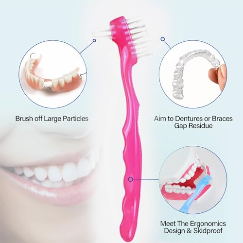 Jrehoor Denture Brush, 2 Pieces False Toothbrush with White Carrying Case, Multi-Layered Bristles Ergonomic Rubber Handle for Fake Teeth Cleaning