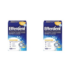 efferdent retainer cleaning tablets, denture cleanser tablets for dental appliances, overnight whitening, 126 tablets blue (pack of 2)