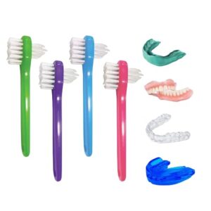 AmeriCan Goods 4Pcs Denture Dual Head Brush Cleaning Care Denture Toothbrush Every Day & Traveling Use (Assorted)