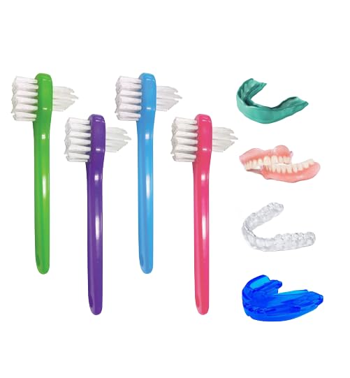 AmeriCan Goods 4Pcs Denture Dual Head Brush Cleaning Care Denture Toothbrush Every Day & Traveling Use (Assorted)