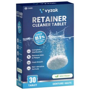 vyzak - retainer cleaner tablets (30 pack) - mint flavor fast acting dental cleaning tablets for retainers, mouth guard, night guards, snore guards, sport devices & tmj devices - removes odor & plaque