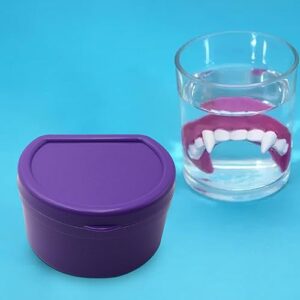 Denture Case, Denture Bath Case Cup Box Holder Storage Soak Container with Strainer, Cleaner Denture Bath Box for Retainer, Mouthguard, False Teeth, and Denture Cleaning (Purple, One Size)