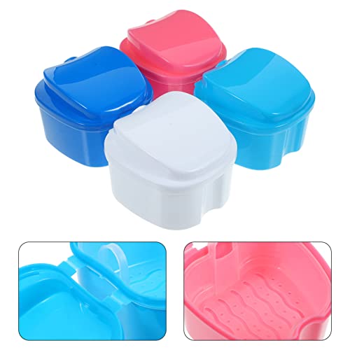 Healifty 4Pcs Denture Case Bath Case Cup Box Holder Storage Soak Container with Strainer Basket for Travel Retainer Cleaning