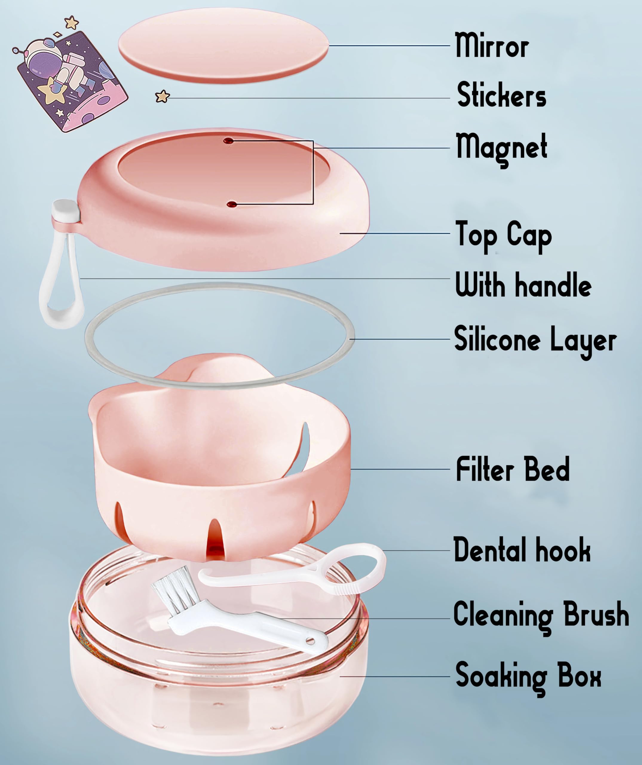 MURRI&MURRDI Retainer Case, Denture Case, Denture Bath Box with Strainer Basket, Cute Denture Holder Retainer Storage Soak Container for Travel Cleaning, Mouth Guard Case, Braces cleaner Cup (B Pink)