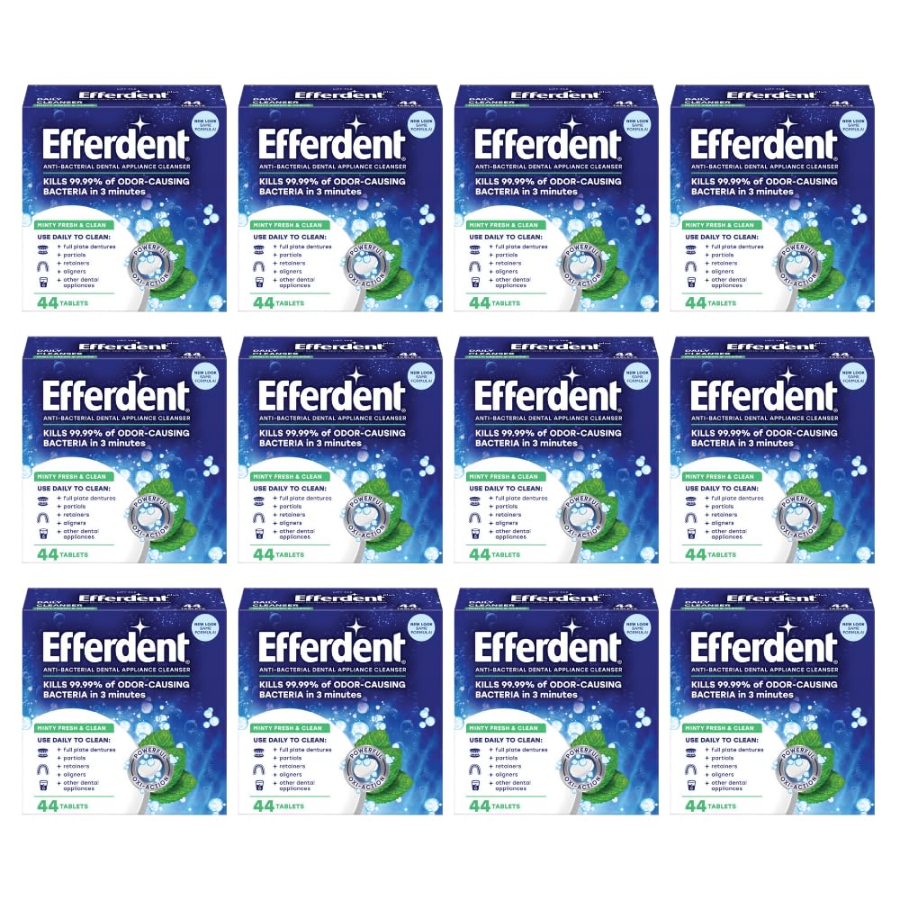 Efferdent Cleaning Tablets for Dentures, Partials, Retainers, Aligners, and Other Denture Applianes, Minty Fresh & Clean, 44 Count in Each (Pack of 12)