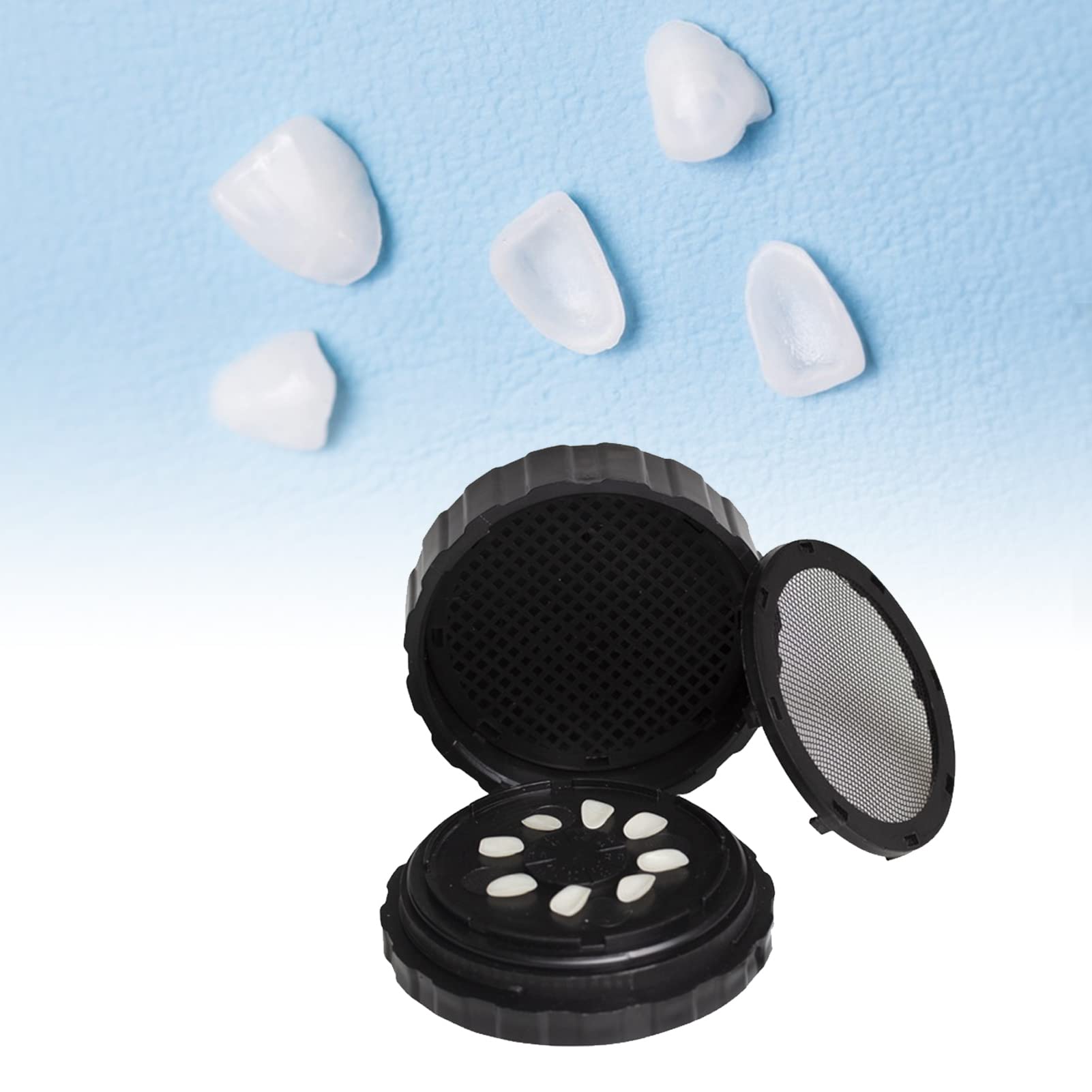 Round Shape Denture Case, Definitely No Leak Denture Bath Box for Traveling with Strainer and Magnetic Mirror, Reusable & Portable, Denture Cup for Care (BLACK)