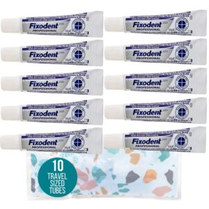 fixodent travel sized/pocket sized professional denture adhesive cream tubes, tsa-approved travel sized denture adhesive with 1 spark dental travel zipper pouch (pack of 10 tubes)