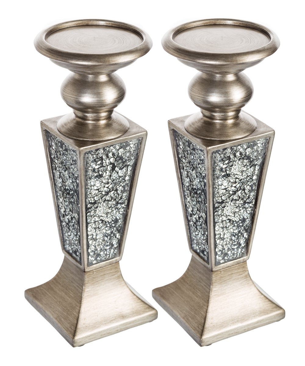 Creative Scents Schonwerk Pillar Candle Holder Set of 2 - Crackled Mosaic Design - Coffee Table Decor - Decoration Centerpiece for Living Room or Dining Room - Best Wedding Gift (Silver)