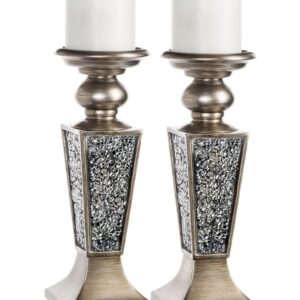 Creative Scents Schonwerk Pillar Candle Holder Set of 2 - Crackled Mosaic Design - Coffee Table Decor - Decoration Centerpiece for Living Room or Dining Room - Best Wedding Gift (Silver)