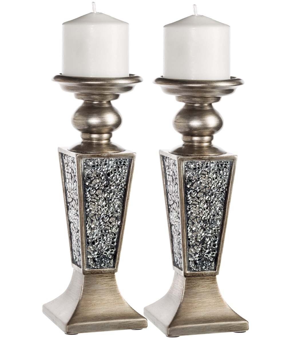 Creative Scents Schonwerk Pillar Candle Holder Set of 2 - Crackled Mosaic Design - Coffee Table Decor - Decoration Centerpiece for Living Room or Dining Room - Best Wedding Gift (Silver)