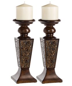 creative scents schonwerk pillar candle holder set of 2- crackled mosaic design- functional table decorations- centerpieces for dining/living room- best wedding gift (brown)