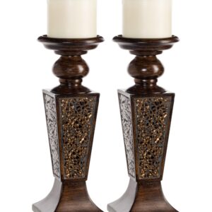 Creative Scents Schonwerk Pillar Candle Holder Set of 2- Crackled Mosaic Design- Functional Table Decorations- Centerpieces for Dining/Living Room- Best Wedding Gift (Brown)