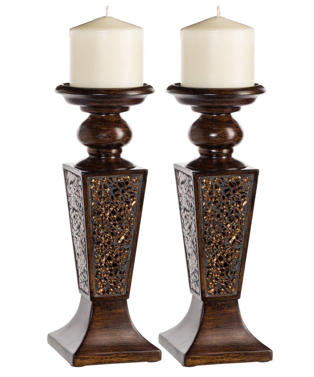 Creative Scents Schonwerk Pillar Candle Holder Set of 2- Crackled Mosaic Design- Functional Table Decorations- Centerpieces for Dining/Living Room- Best Wedding Gift (Brown)