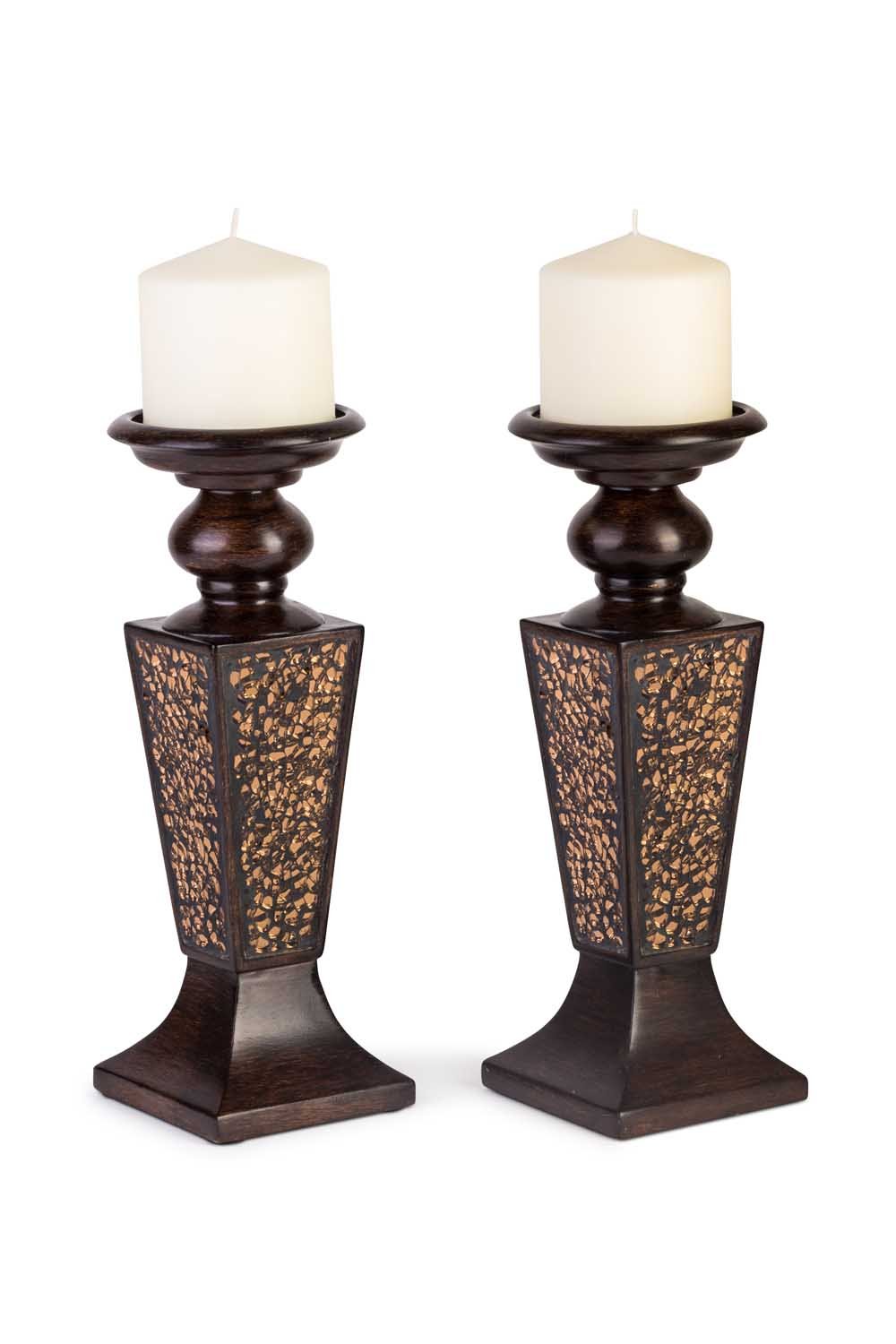 Creative Scents Schonwerk Pillar Candle Holder Set of 2- Crackled Mosaic Design- Functional Table Decorations- Centerpieces for Dining/Living Room- Best Wedding Gift (Brown)