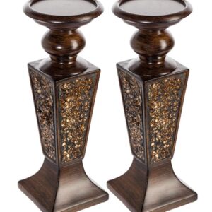 Creative Scents Schonwerk Pillar Candle Holder Set of 2- Crackled Mosaic Design- Functional Table Decorations- Centerpieces for Dining/Living Room- Best Wedding Gift (Brown)