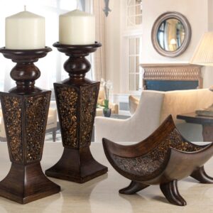 Creative Scents Schonwerk Pillar Candle Holder Set of 2- Crackled Mosaic Design- Functional Table Decorations- Centerpieces for Dining/Living Room- Best Wedding Gift (Brown)