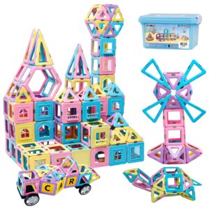 magnetic tiles building blocks toys for kids, 136 pieces 3d creative castle construction magnetic stacking set preschool intelligence stem toys for girls boys age 3years and up (macaron color)