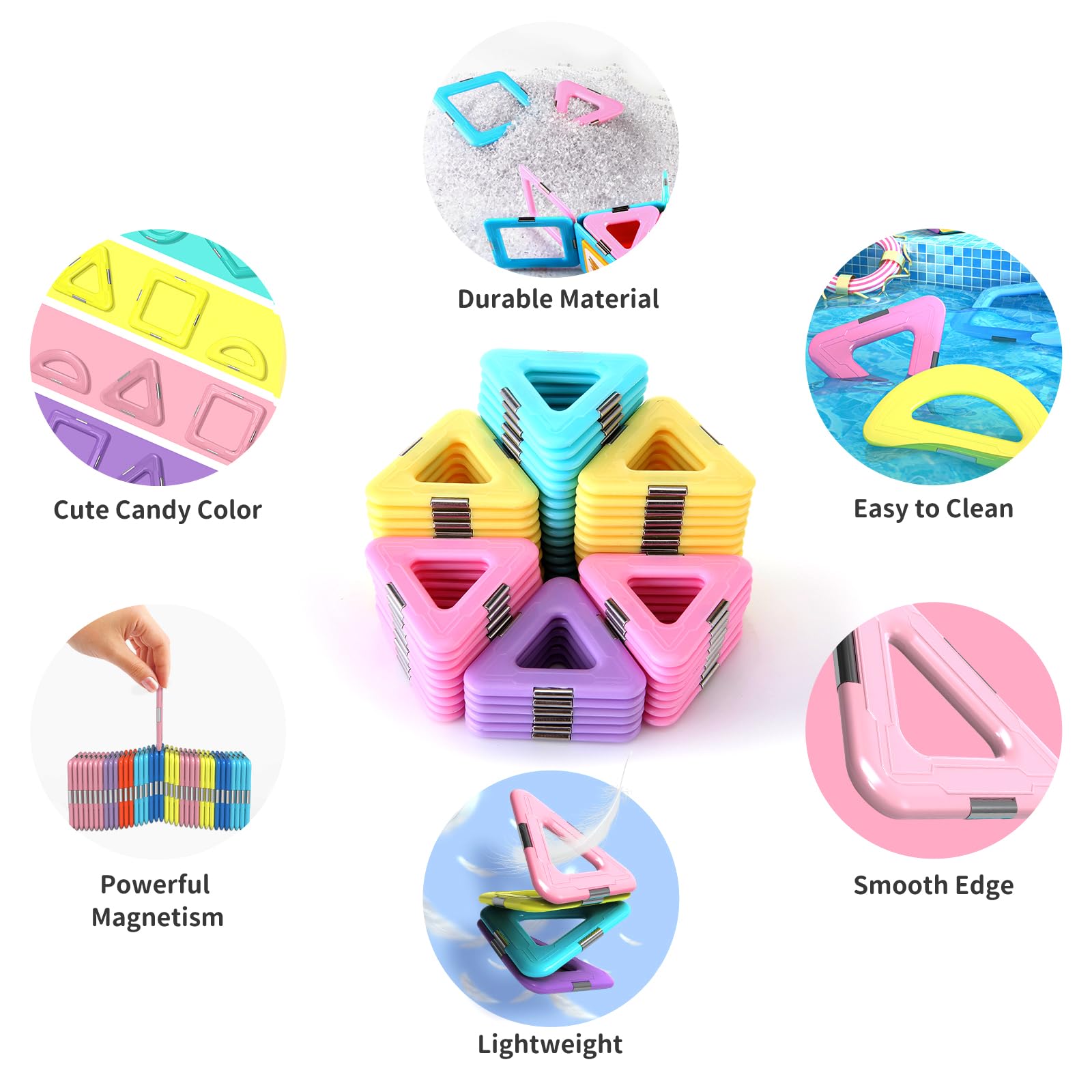 Magnetic Tiles Building Blocks Toys for Kids, 136 Pieces 3D Creative Castle Construction Magnetic Stacking Set Preschool Intelligence STEM Toys for Girls Boys Age 3years and Up (Macaron Color)