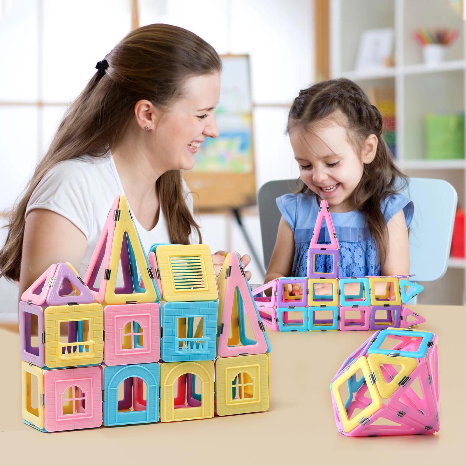 Magnetic Tiles Building Blocks Toys for Kids, 136 Pieces 3D Creative Castle Construction Magnetic Stacking Set Preschool Intelligence STEM Toys for Girls Boys Age 3years and Up (Macaron Color)