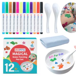 irwpitw magic drawing pen bundle, 12 colors magical water painting pens for kids, kiddies create magic pen floating ink drawings set with spoons and towel, tattoo water marker gifts for boys and girls