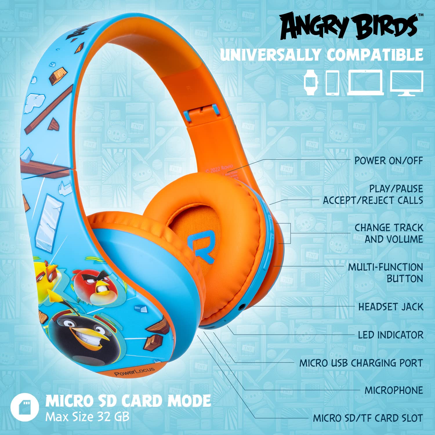 PowerLocus Kids Headphones Angry Birds Edition, Wireless Kids Headphones, 85dB Volume Limited, Foldable Bluetooth Headphones with Case, Wired and Micro SD mode, Built-in Mic for Phone/iPad/School