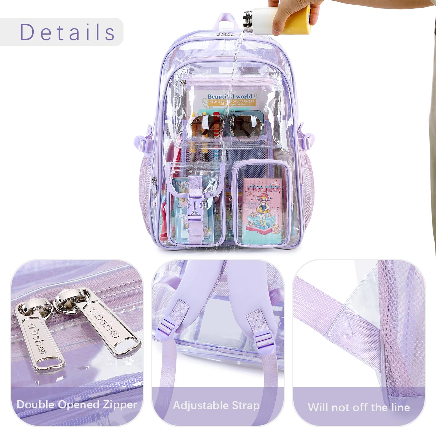 abshoo Large Clear Backpack For Girls Women School Bookbag Heavy Duty Transparent Backpack (Purple)