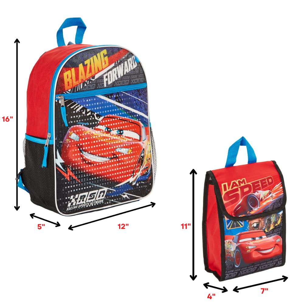 Disney Pixar Cars Backpack Set for Kids, 16 inch Lightning McQueen Backpack with Lunch Bag and Water Bottle