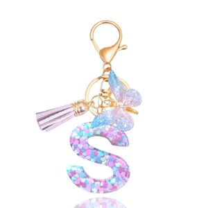 meefisher purple-blue resin alphabet initial letter bulk a-z keychain tassel butterfly pendant bag charms key ring for backpack purse wallet handbags car keys women girl,pink cute,s