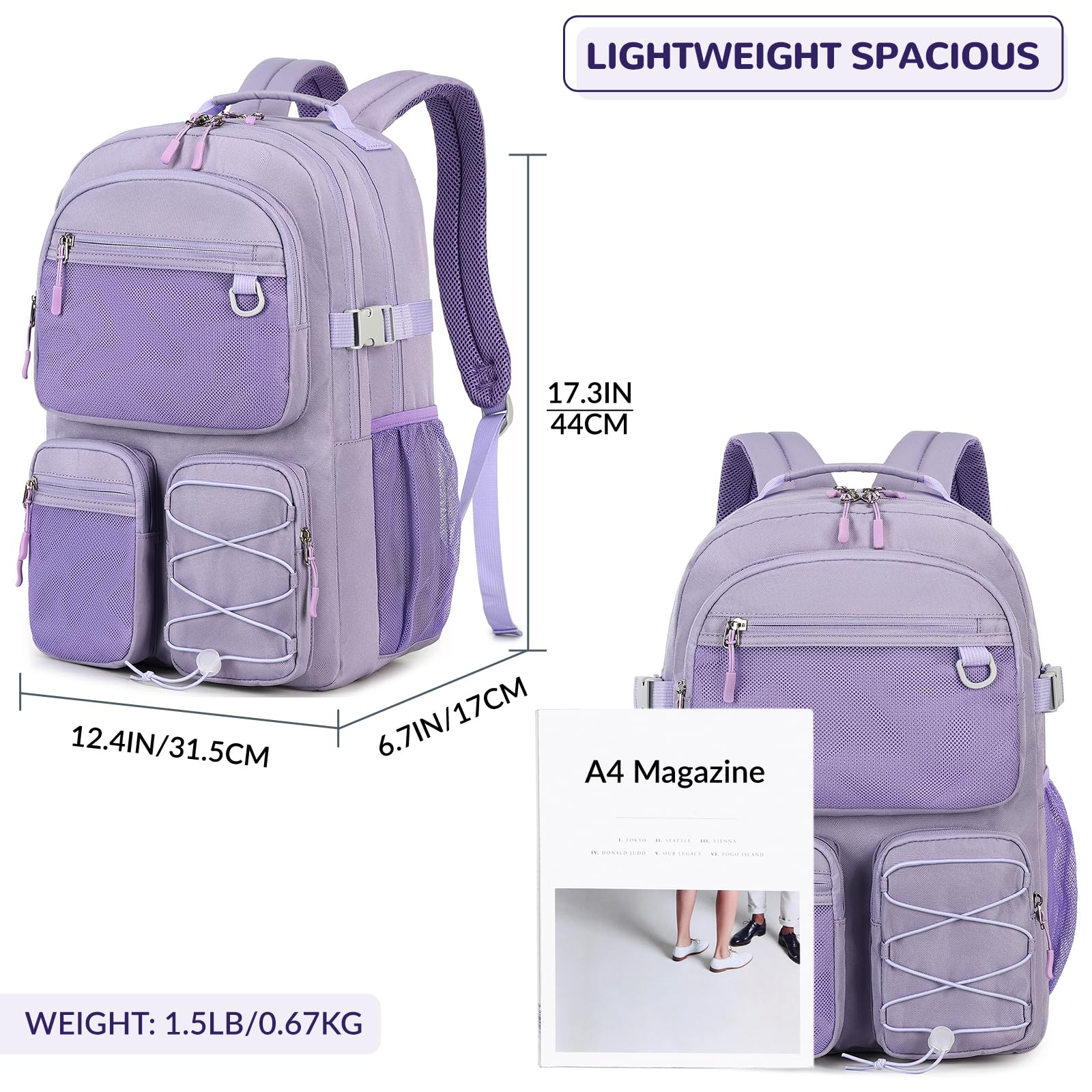 Lohol Water Resistant Daypack with Mulitiple Pockets for Travel Outdoor College, 15.6 inch Laptop Backpack for Men and Women (Purple