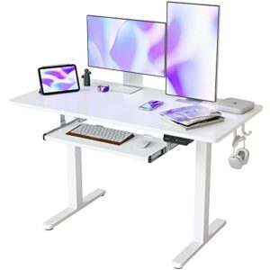 fezibo standing desk with keyboard tray, 48 × 24 inches electric height adjustable desk, sit stand up desk, computer office desk, white