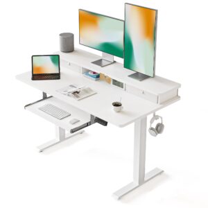 fezibo standing desk with drawers, adjustable height desk with keyboard tray, stand up desk with storage shelf, 48 x 24 inchs, white top