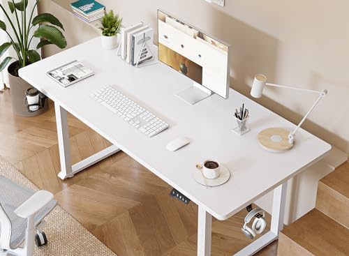 FEZIBO Standing Desk 4 Legs with Dual Motors, 63x29 Electric Standing Desk Adjustable Height with Strong stability, Stand up Desk with Whole-Piece Tabletop, White（2 Packeges）