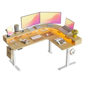 fezibo triple motor l shaped stadning desk with led strip & power outrlets，63 inches height adjustable stand up corner desk with ergonomic monitor stand, white frame/natural top