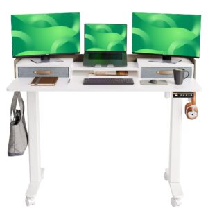 claiks standing desk with drawers, stand up electric standing desk adjustable height, sit stand desk with storage shelf and splice board, 55 inch, white