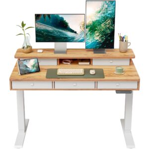 fezibo height adjustable electric standing desk with 5 drawers, 48 x 24 inch table with storage shelf, sit stand desk white frame/light rustic top, 48 inch