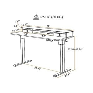 FEZIBO Electric Standing Desk with Double Drawers, 48 x 24 Inch Glass Top Monitor Stand Adjustable Sit Stand Desk with Storage Shelf, White Frame/LightWalnut Top