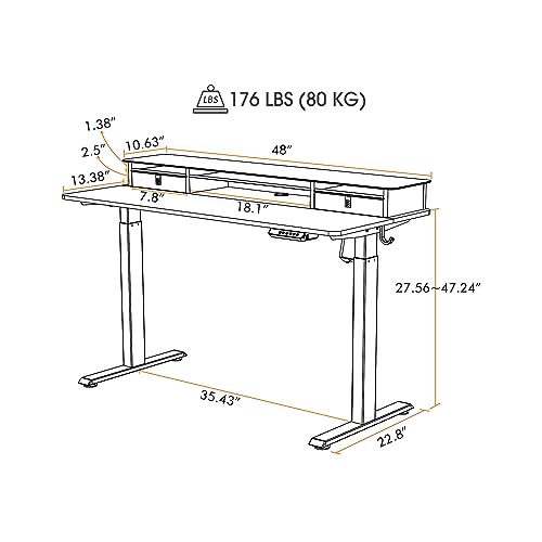 FEZIBO Electric Standing Desk with Double Drawers, 48 x 24 Inch Glass Top Monitor Stand Adjustable Sit Stand Desk with Storage Shelf, White Frame/LightWalnut Top