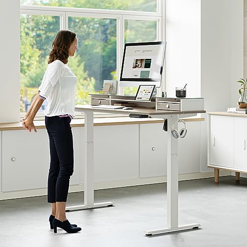 FEZIBO Electric Standing Desk with Double Drawers, 48 x 24 Inch Glass Top Monitor Stand Adjustable Sit Stand Desk with Storage Shelf, White Frame/LightWalnut Top