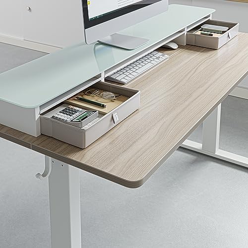 FEZIBO Electric Standing Desk with Double Drawers, 48 x 24 Inch Glass Top Monitor Stand Adjustable Sit Stand Desk with Storage Shelf, White Frame/LightWalnut Top