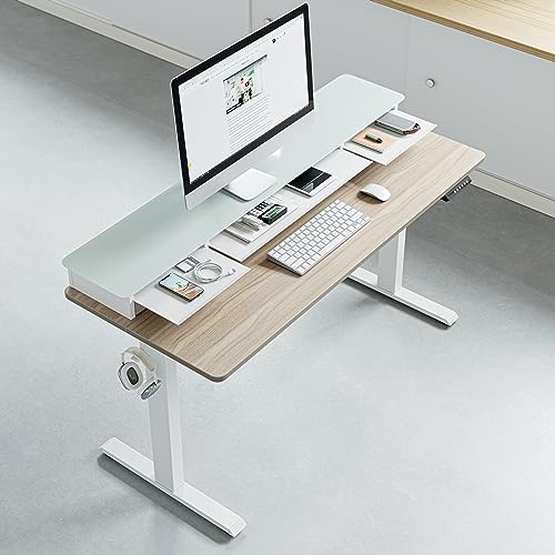 FEZIBO Electric Standing Desk with Double Drawers, 48 x 24 Inch Glass Top Monitor Stand Adjustable Sit Stand Desk with Storage Shelf, White Frame/LightWalnut Top