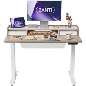 banti height adjustable electric standing desk with three drawers, 48 x 25 inch table with storage shelf, sit stand desk with storage space, splice board with white frame/light walnut top, 48 inch