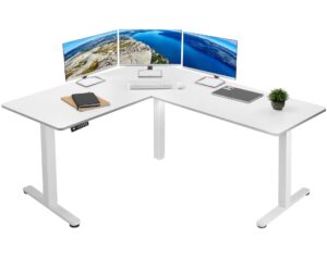 vivo electric height adjustable 63 x 55 inch corner stand up desk, white table top, white frame, l-shaped standing workstation, 3ct series, desk-e3ctw