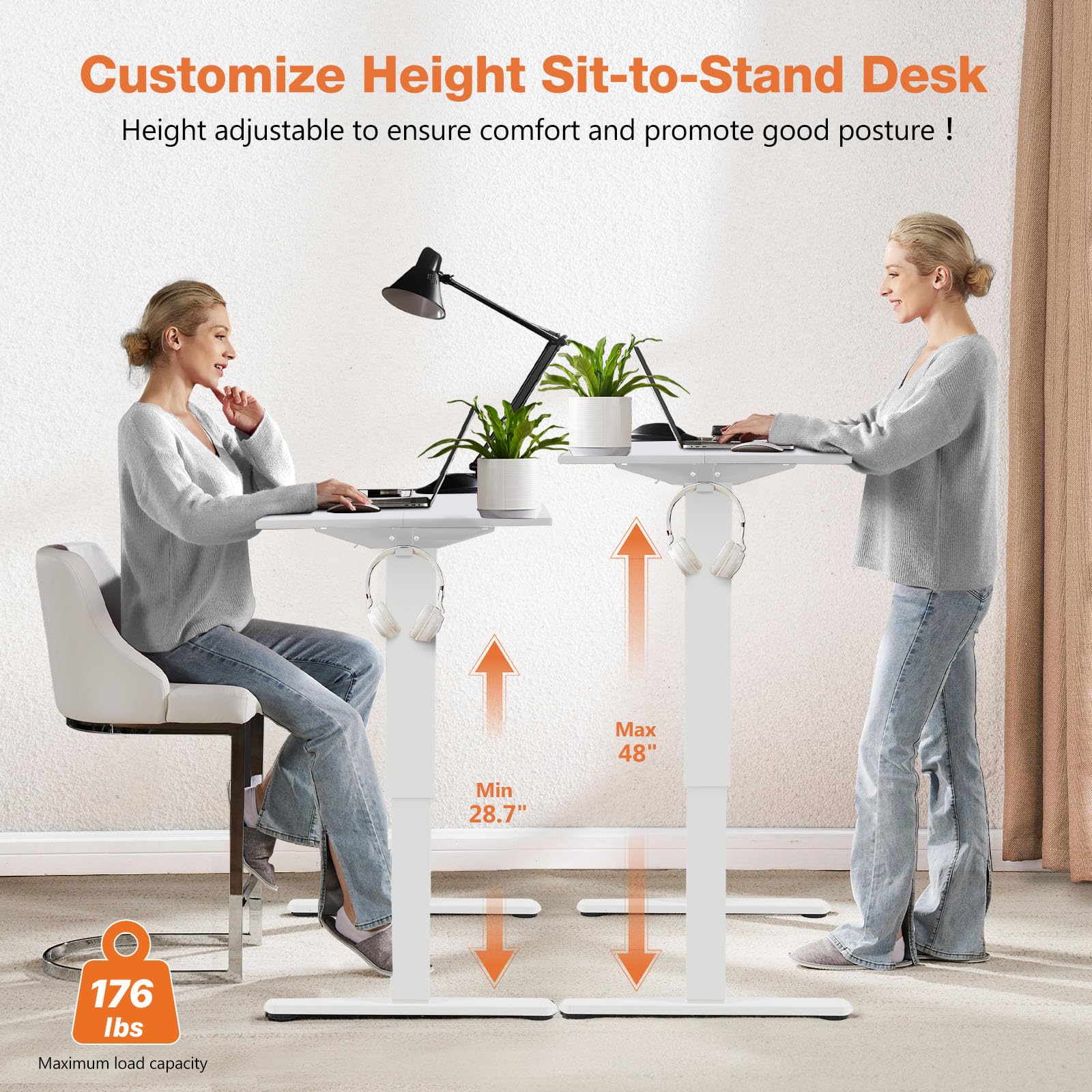 Sweetcrispy Electric Standing Desk - 40 x 24 inch Adjustable Height Sit to Stand Up Desk with Splice Board, Rising Home Office Computer Table with 2 Hook and Wire Hole for Work