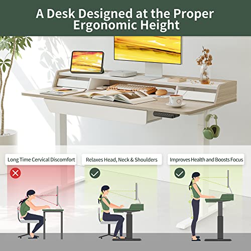 FEZIBO Standing Desk Adjustable Height with Drawers, 55 x 25 Inch Stand Up Desk with Storage Shelf, Electric Standing Desk with Storage Space, Light Walnut Top/White Frame