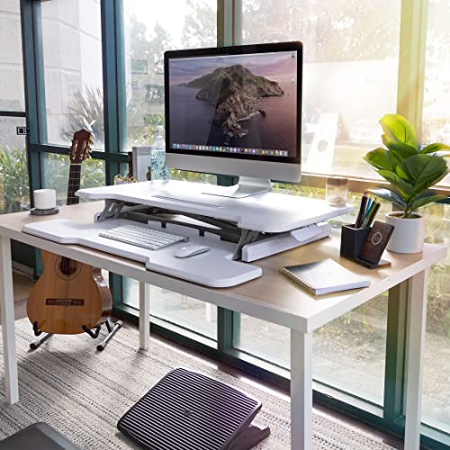 Mount-It! Height Adjustable Stand Up Desk Converter, 38” Wide Tabletop Standing Desk Riser with Gas Spring Desktop Standing Desk with Keyboard Tray Fits Two Monitors, White