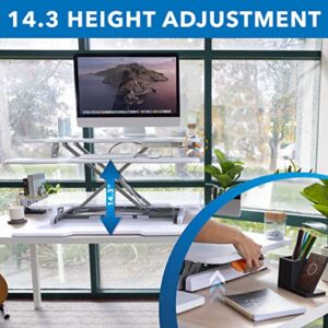 Mount-It! Height Adjustable Stand Up Desk Converter, 38” Wide Tabletop Standing Desk Riser with Gas Spring Desktop Standing Desk with Keyboard Tray Fits Two Monitors, White