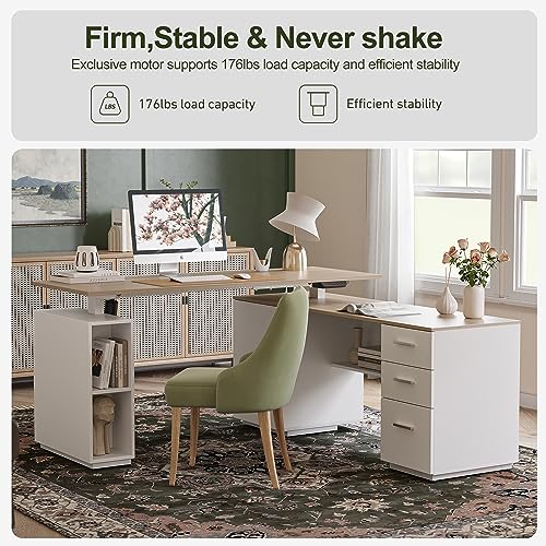 BANTI Executive L Shaped Standing Desk with 3-Drawer File Cabinet, 63" Electric Height Adjustable Stand up Desk for Home Office, Computer Desk with Storage Cabinets, Natural Top