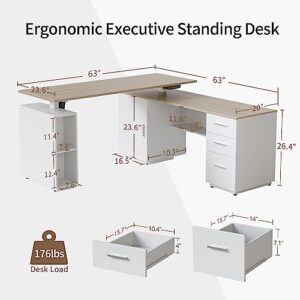 BANTI Executive L Shaped Standing Desk with 3-Drawer File Cabinet, 63" Electric Height Adjustable Stand up Desk for Home Office, Computer Desk with Storage Cabinets, Natural Top