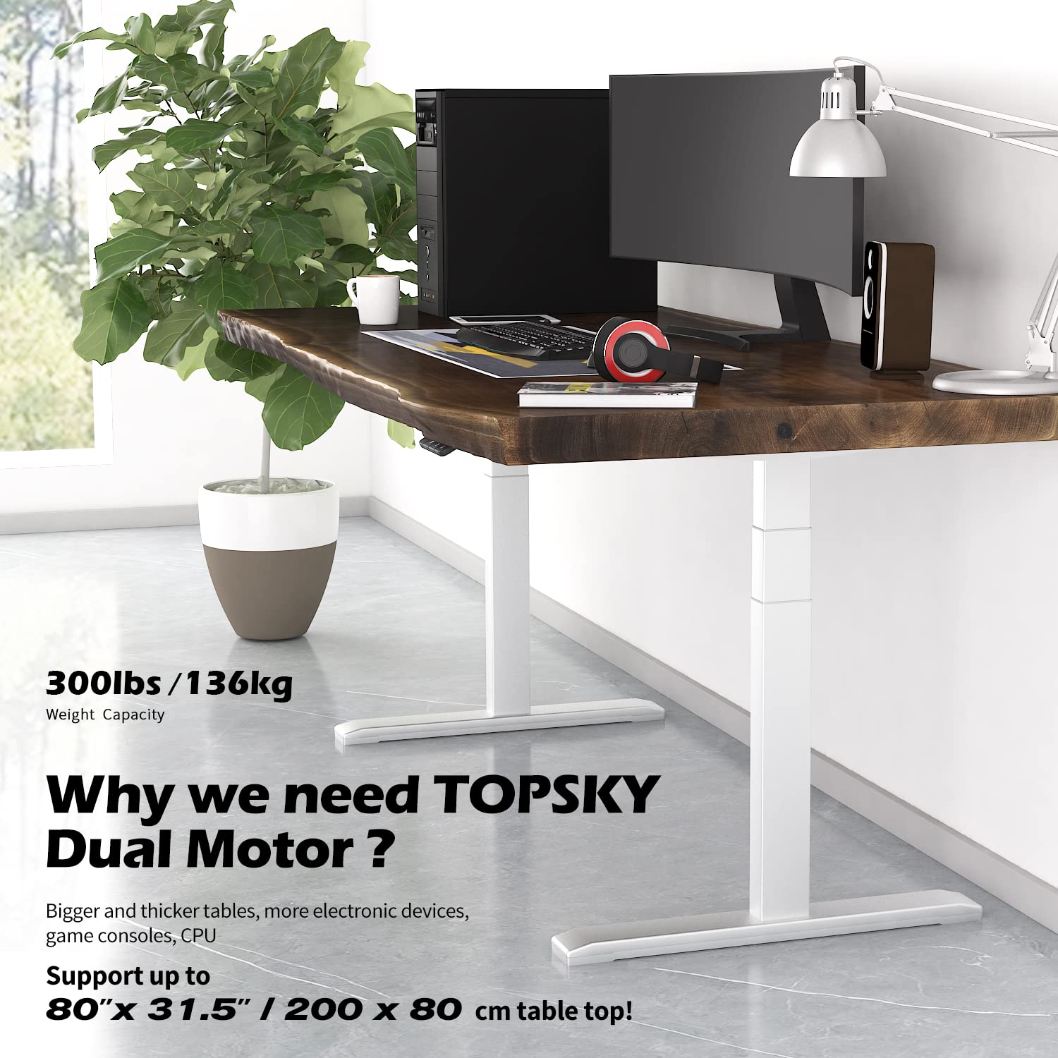 TOPSKY Dual Motor 3 Stage Electric Adjustable Standing Desk Frame Heavy Duty 300lb Load Capacity for Home Office (White Frame Only)