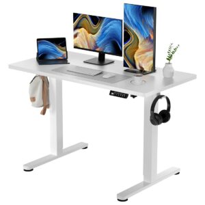 jylh joyseeker white standing desk, 48 x 24 inch adjustable height electric desk, sit stand desk with splice board and 2 hooks, ergonomic rising desk for home office